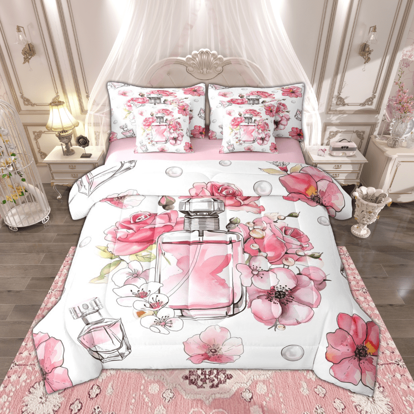 Manfei Girls Perfume Bedding Comforter Set 7-Piece, Pink Chic Floral ...