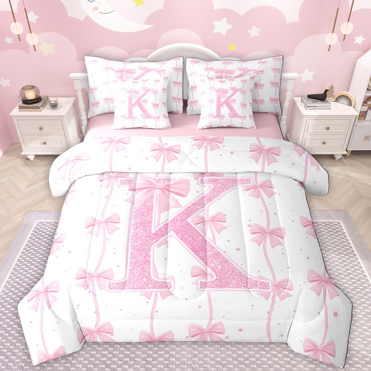 Manfei Girls Personalized Gifts 7-Piece Twin Bedding Sets,Pink Letter K ...