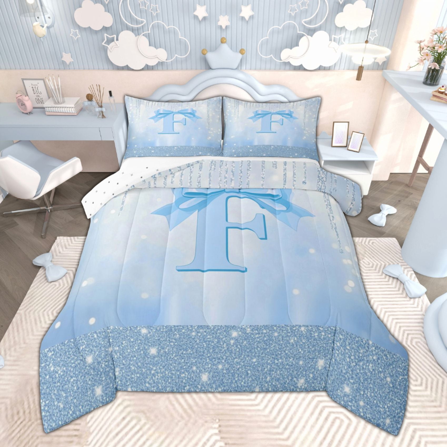 Manfei Girls Personalized Initial F Queen Comforter Set, Dreamy Bow ...