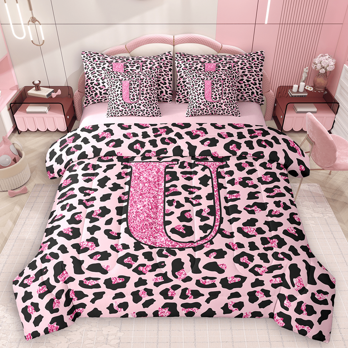 Manfei Girls Pink Leopard Print Bedding Comforter Set 7 Pieces, Glitter ...