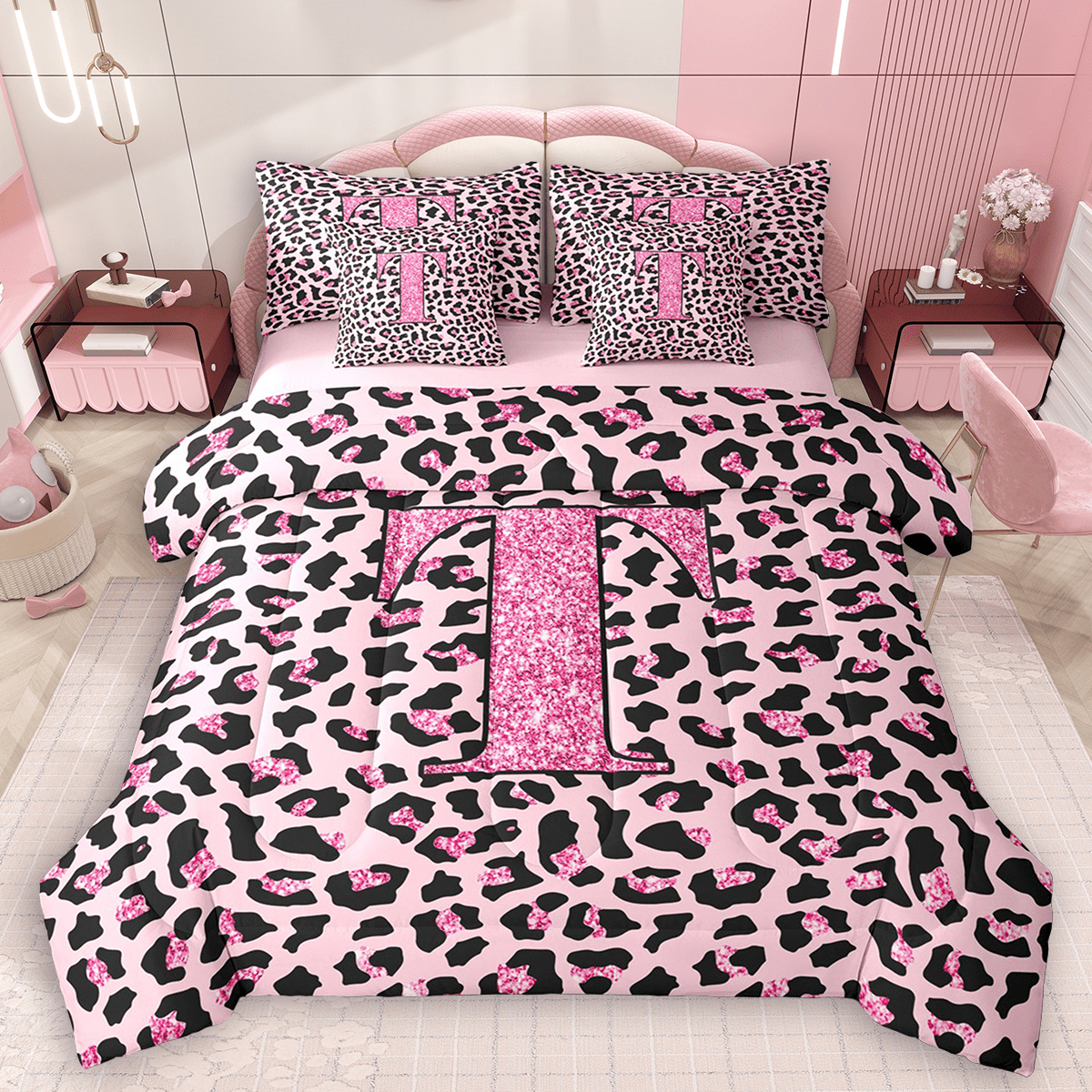 Manfei Girls Pink Leopard Print Bedding Comforter Set 7pcs, Glitter ...