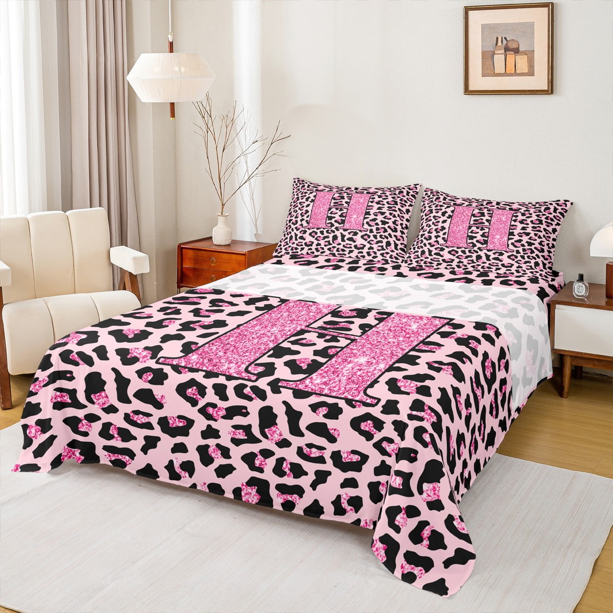 Manfei Girls Pink Leopard Print Full Size Sheets 4-Piece, Glitter ...