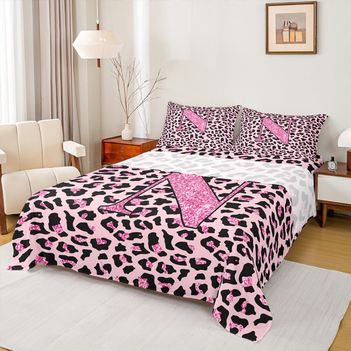 Manfei Girls Pink Leopard Print Full Size Sheets 4-Piece, Glitter ...