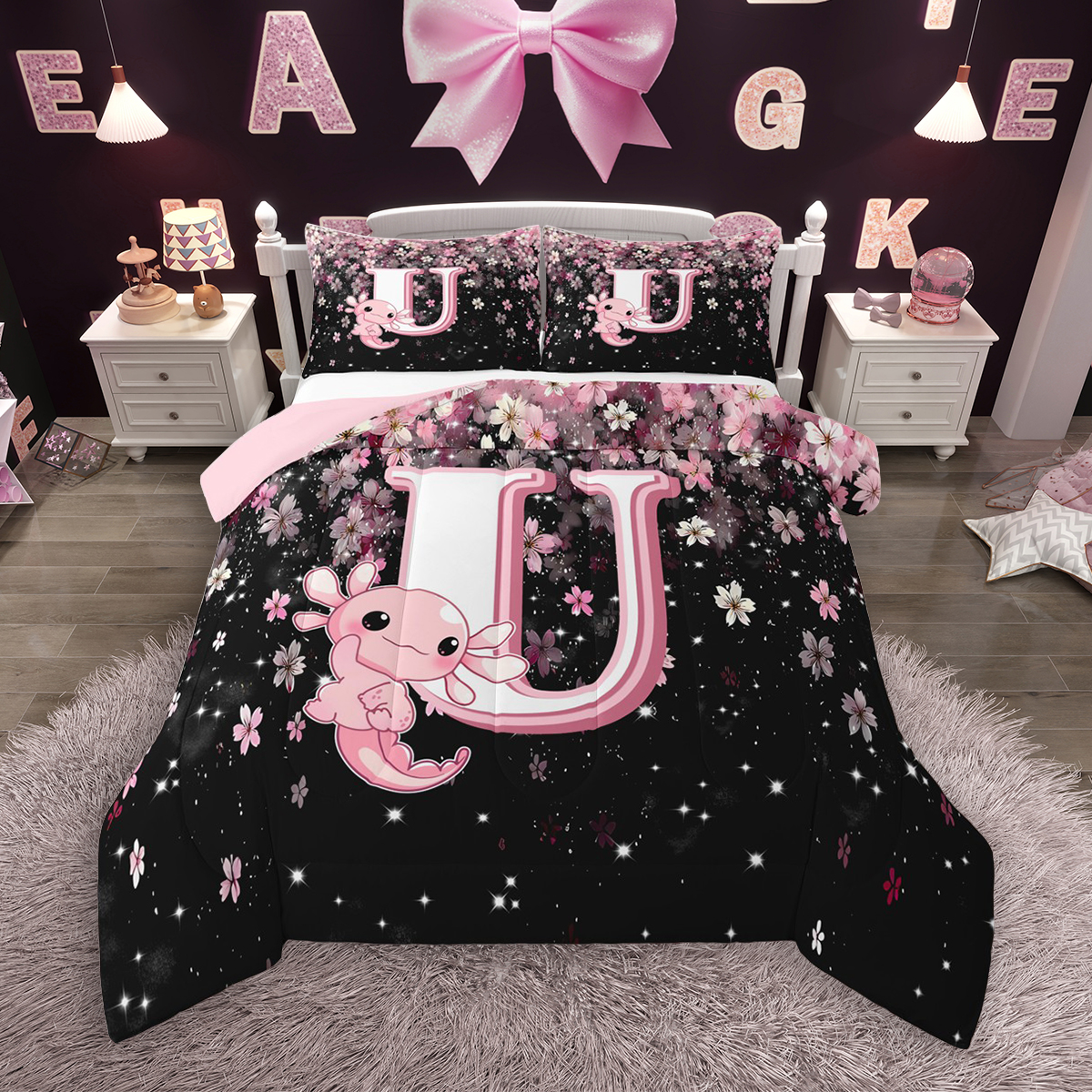 Manfei Girls Pink Monogrammed Queen Comforter Set 3 Pieces ...