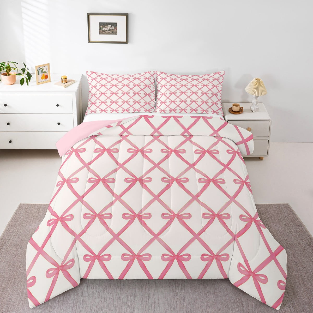 Manfei Girls Pink Ribbon Bedding Comforter Set, Cartoon Bowknot Bow-tie ...