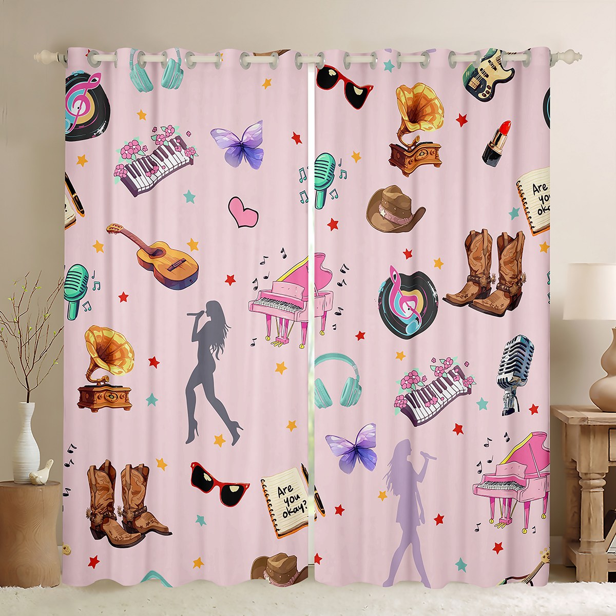 Manfei Girls Pop Star Black Out Curtains, Piano Headset Guitar Curtains ...
