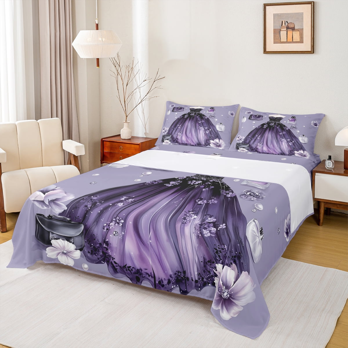 Manfei Girls Purple Dress Bed Sheets, Fashion Flower Floral King Sheets ...