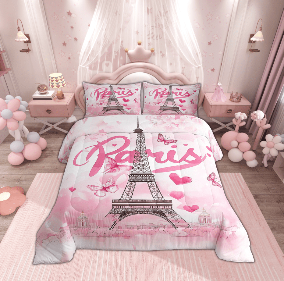 Manfei Girls Romantic Paris Bedding Comforter Set, Eiffel Tower Twin ...
