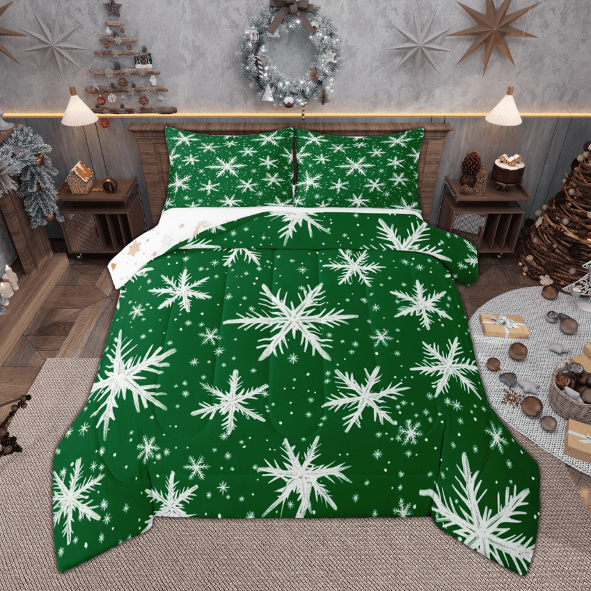 Manfei Girls Snowflakes Bedding Comforter Set, Green White Twin ...
