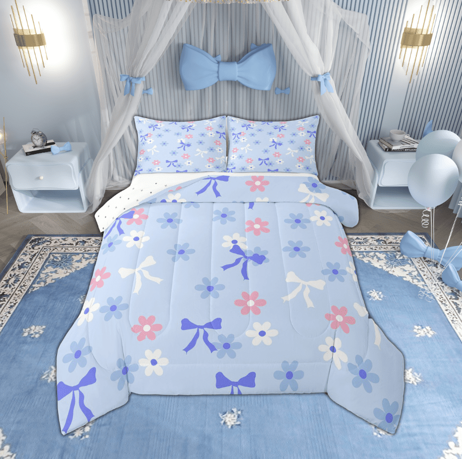 Manfei Girly Blue Bowknot Full Size Comforter Sets for Girls, Kawaii ...