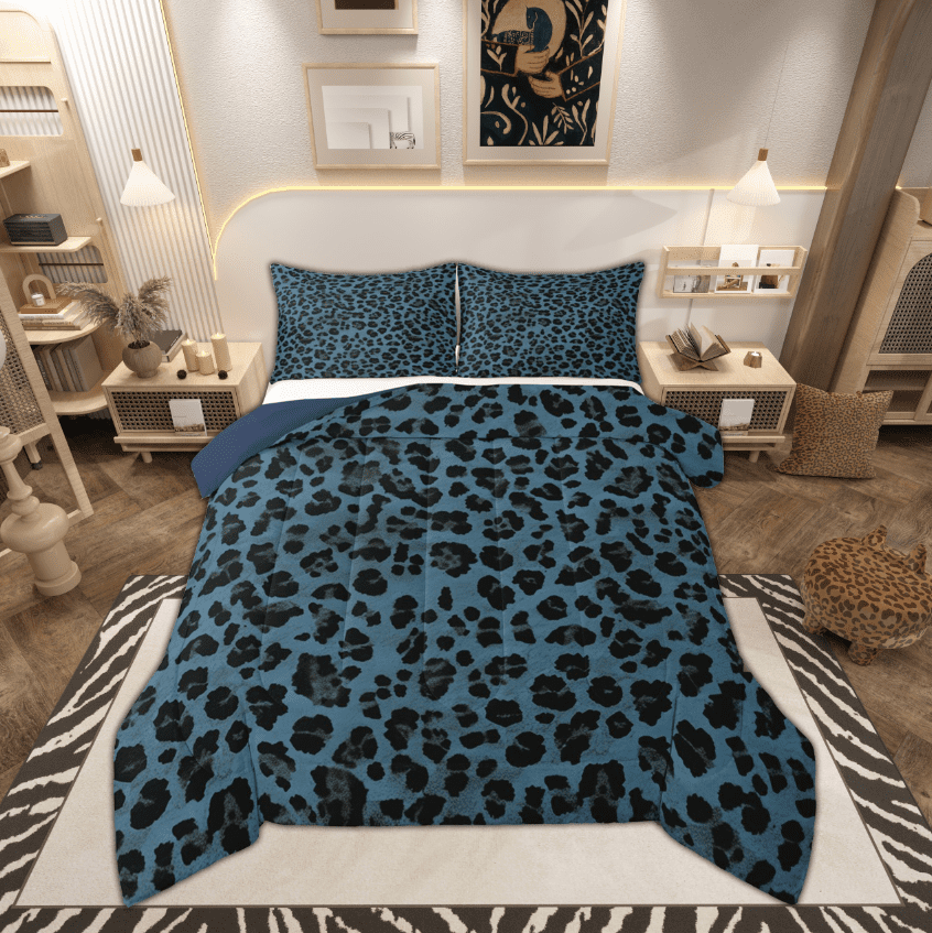 Manfei Girly Blue Geometric Full Size Comforter Sets, Fashion Leopard ...
