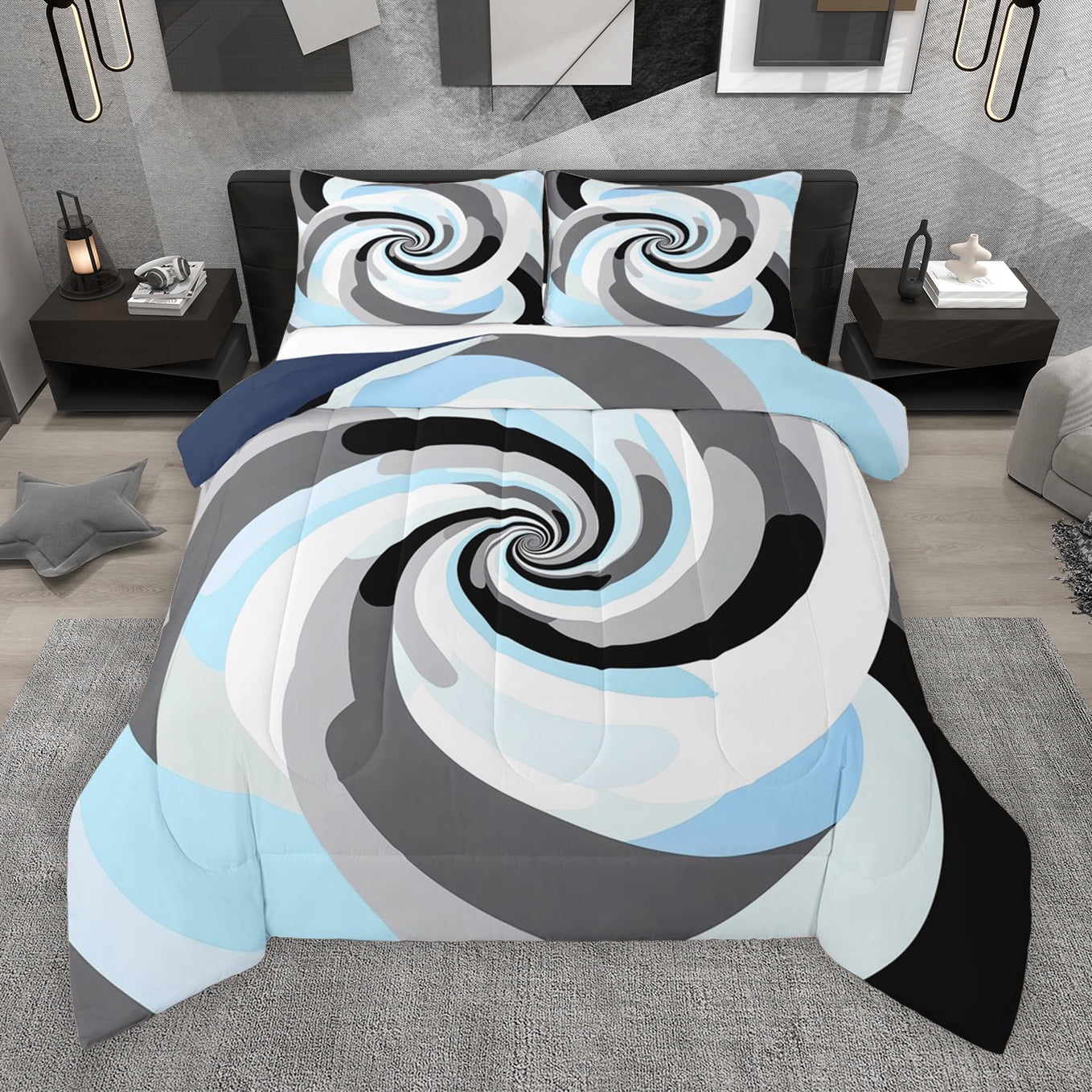 Manfei Girly Blue Stripes Full Size Comforter Sets for Female, Modern ...