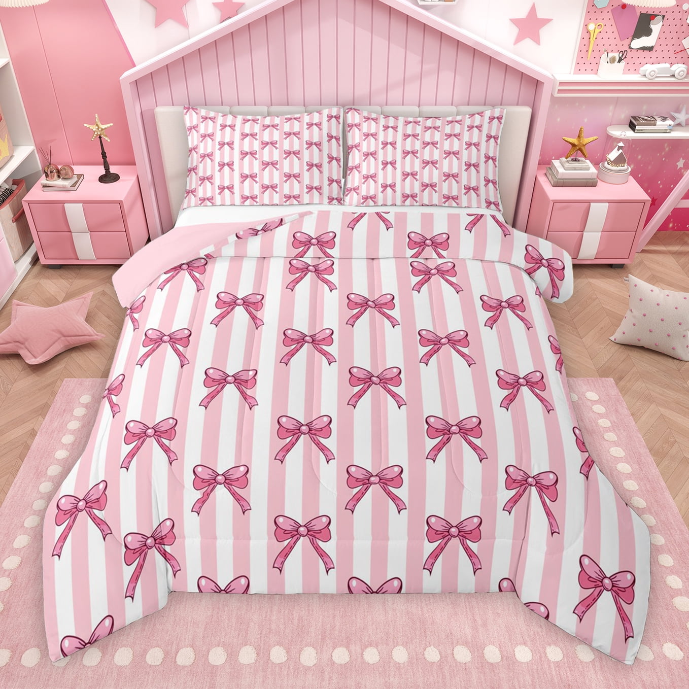 Manfei Girly Cartoon Bowknot Bedding Comforter Set, Chic Stripes Ombre ...