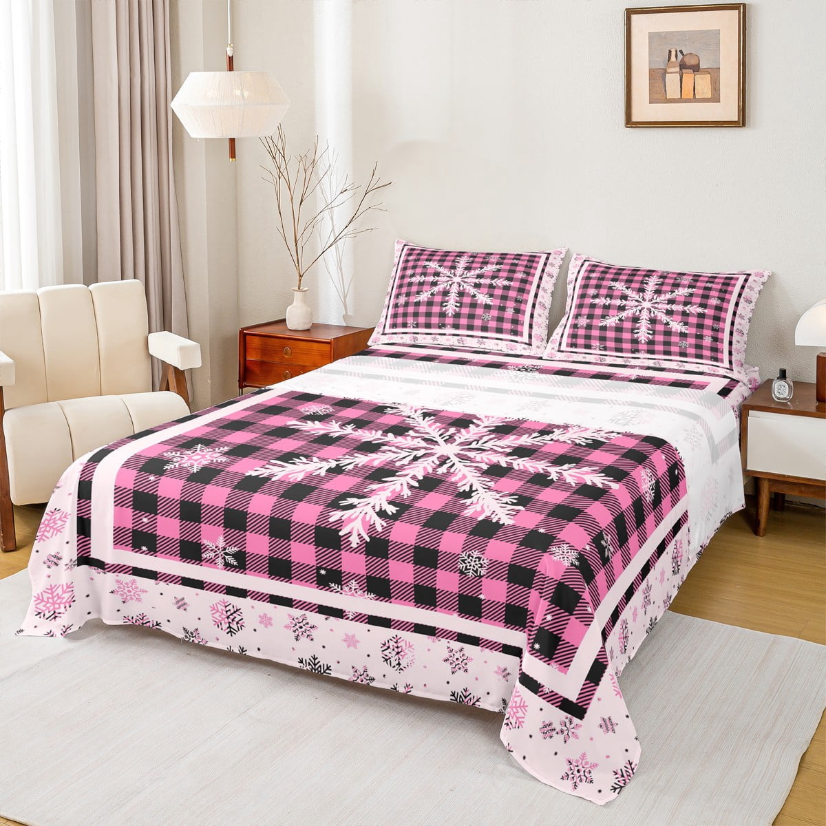 Manfei Girly Cute Snowflake Full Size Sheets for Kids, Black Pink ...