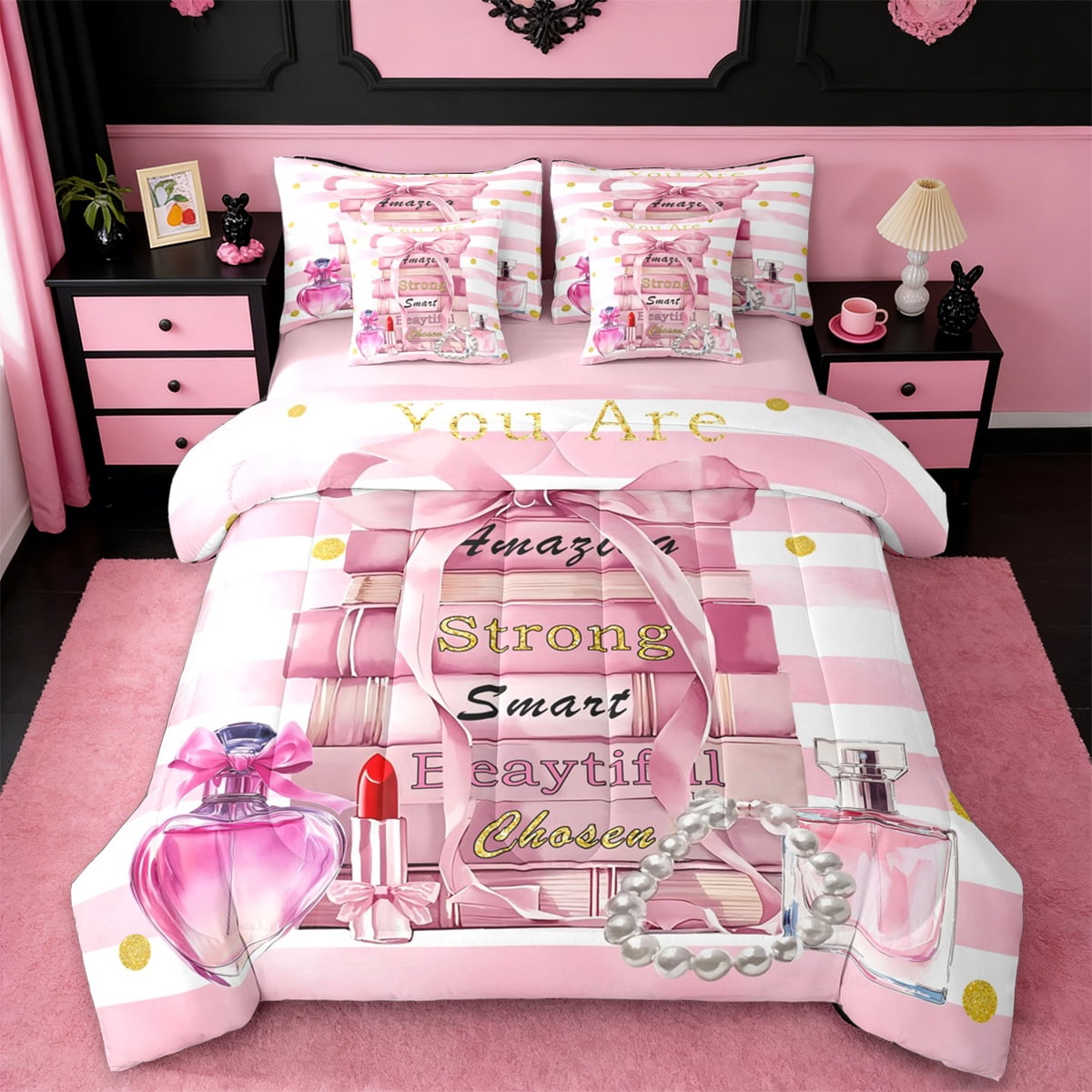 Manfei Girly Fashion Bow Twin Bedding Sets 7-Piece,Books Pearl Perfume ...