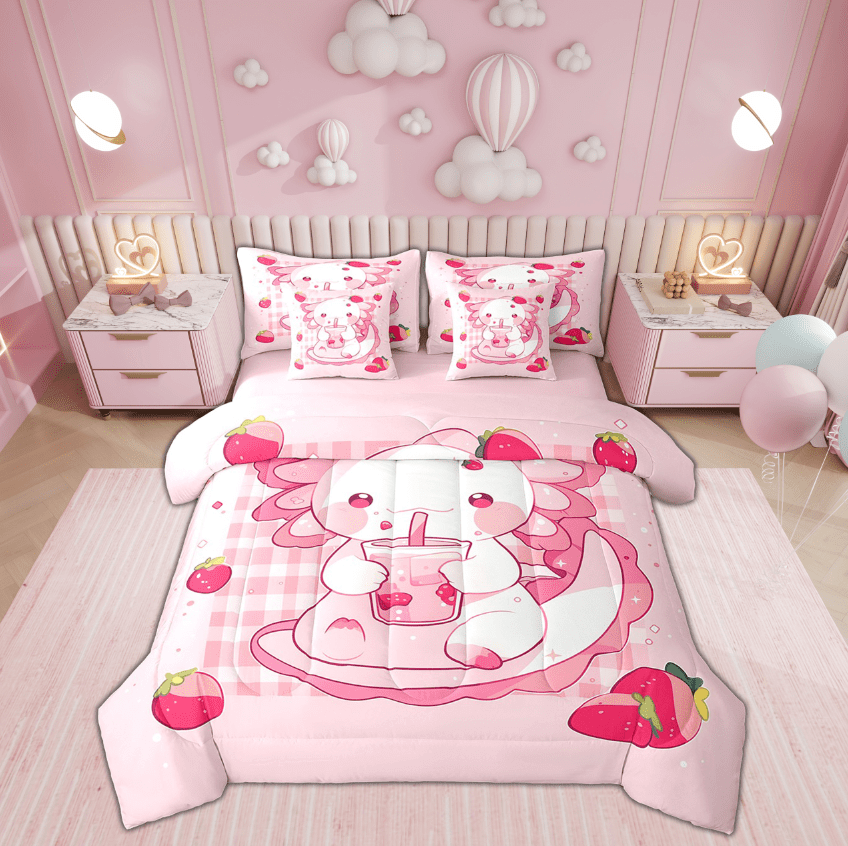 Manfei Girly Pink Axolotl Bedding Queen Size, Cute Animal Bed Set, Pink Bufalo Plaid Reversible ...