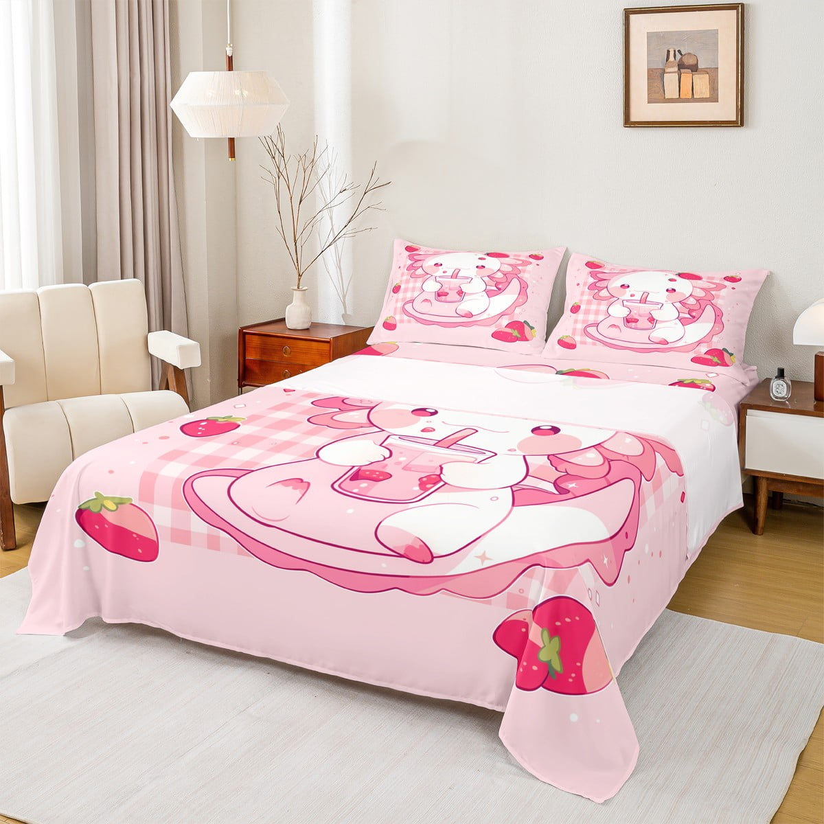 Manfei Girly Pink Axolotl Sheet Set Twin, Cute Animal Bed Sheets Set ...