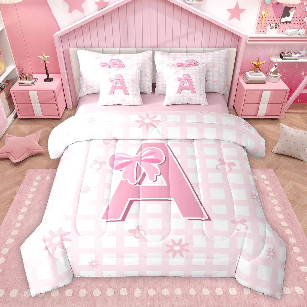 Manfei Girly Pink A Bedding Comforter Set 7pcs for Kids, Kawaii Initial ...