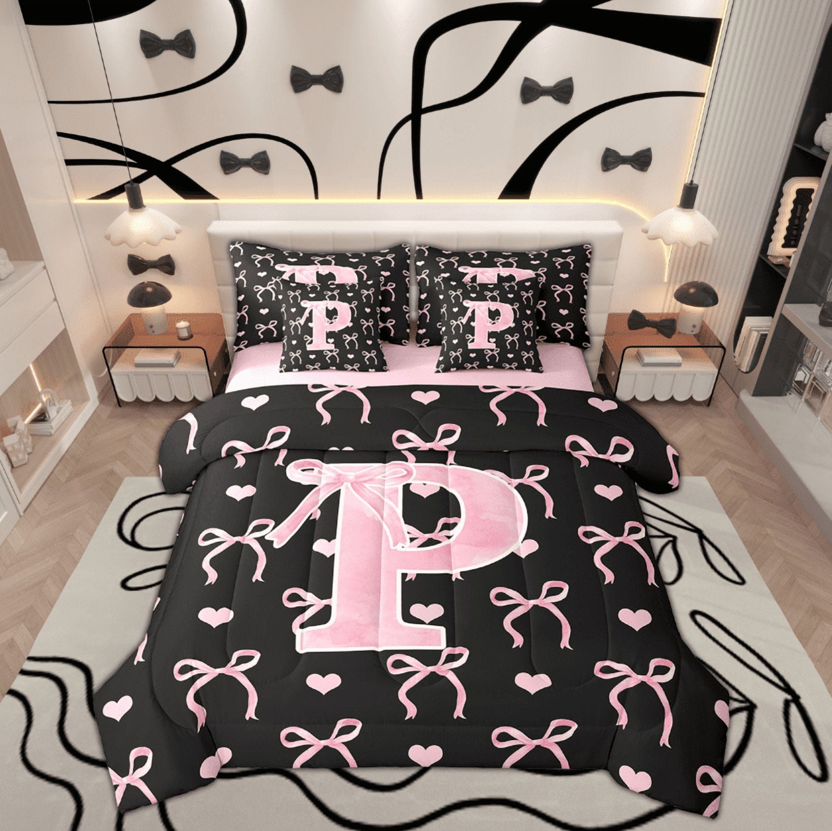 Manfei Girly Pink Bow Bedding Comforter Set 7 Pieces, Monogrammed P ...