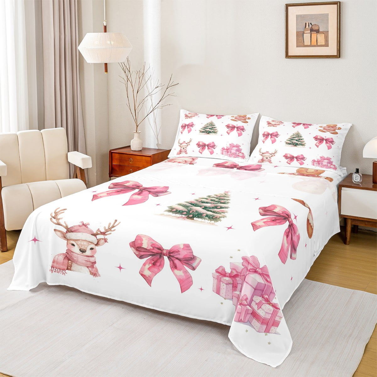 Manfei Girly Pink Bow Sheet Set King, Kawaii Reindeer Bed Sheets Set ...