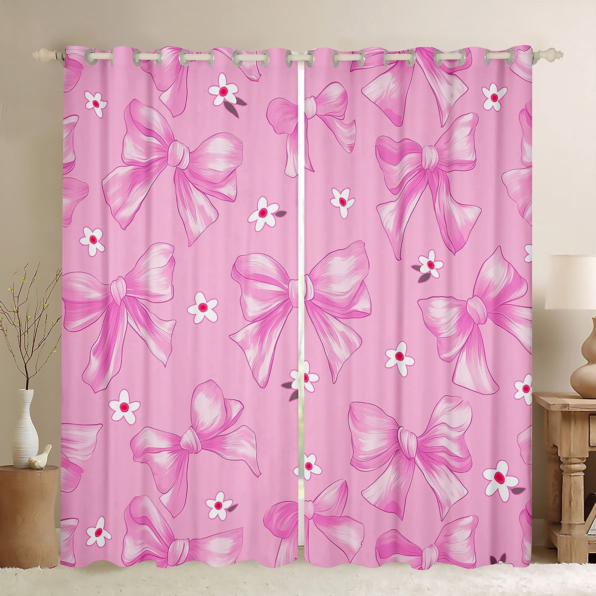 Manfei Girly Pink Bow-tie Curtains for Living Room, Kawaii Cartoon ...