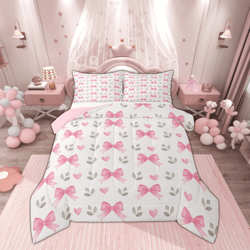 Manfei Girly Pink Bowknot Bedding Comforter Set for Kids, Love Heart ...