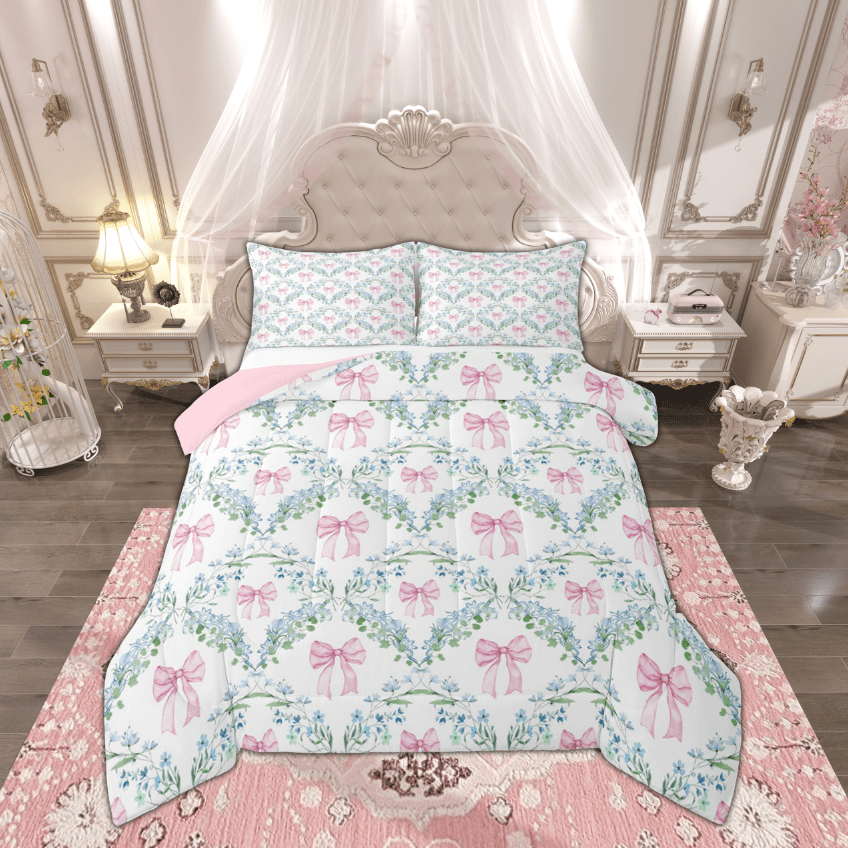 Manfei Girly Pink Bowknot Full Size Comforter Sets for Kids, Love Heart ...