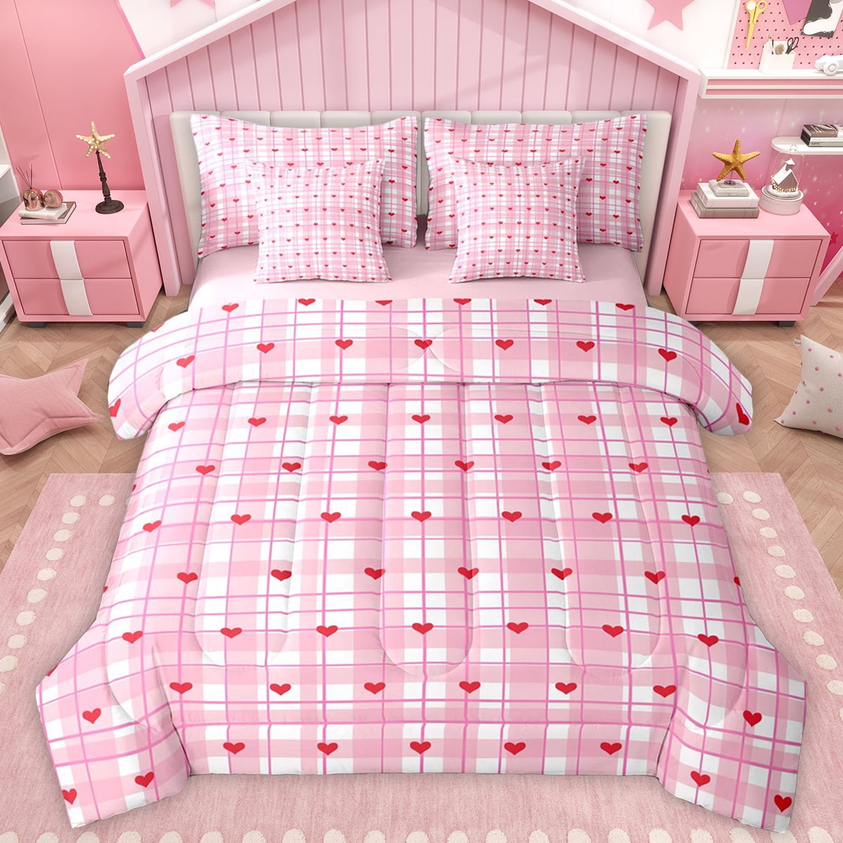 Manfei Girly Pink Buffalo Bedding Comforter Set 7 Pieces for Teens ...