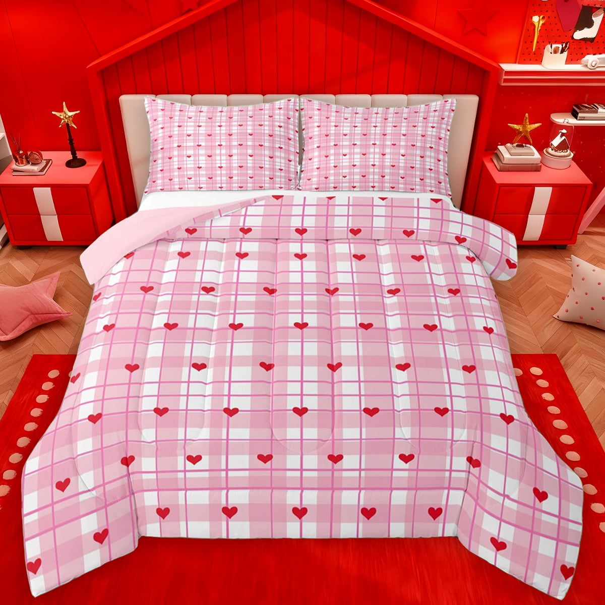 Manfei Girly Pink Buffalo Full Size Comforter Sets for Teens, Cute ...