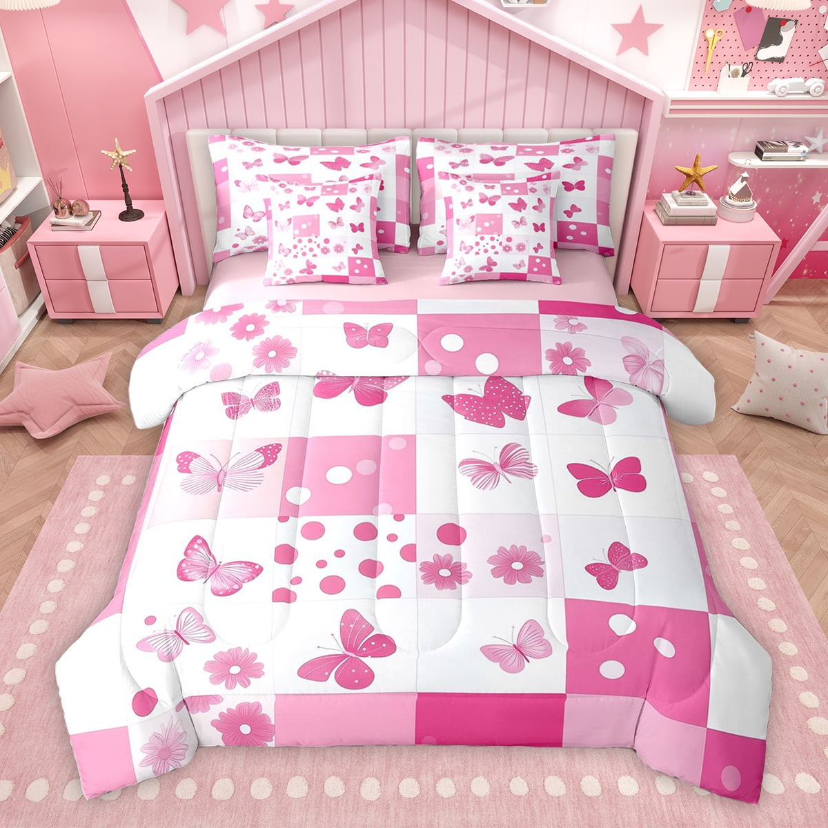 Manfei Girly Pink Butterfly Bedding Comforter Set 7 Pieces for Kids ...