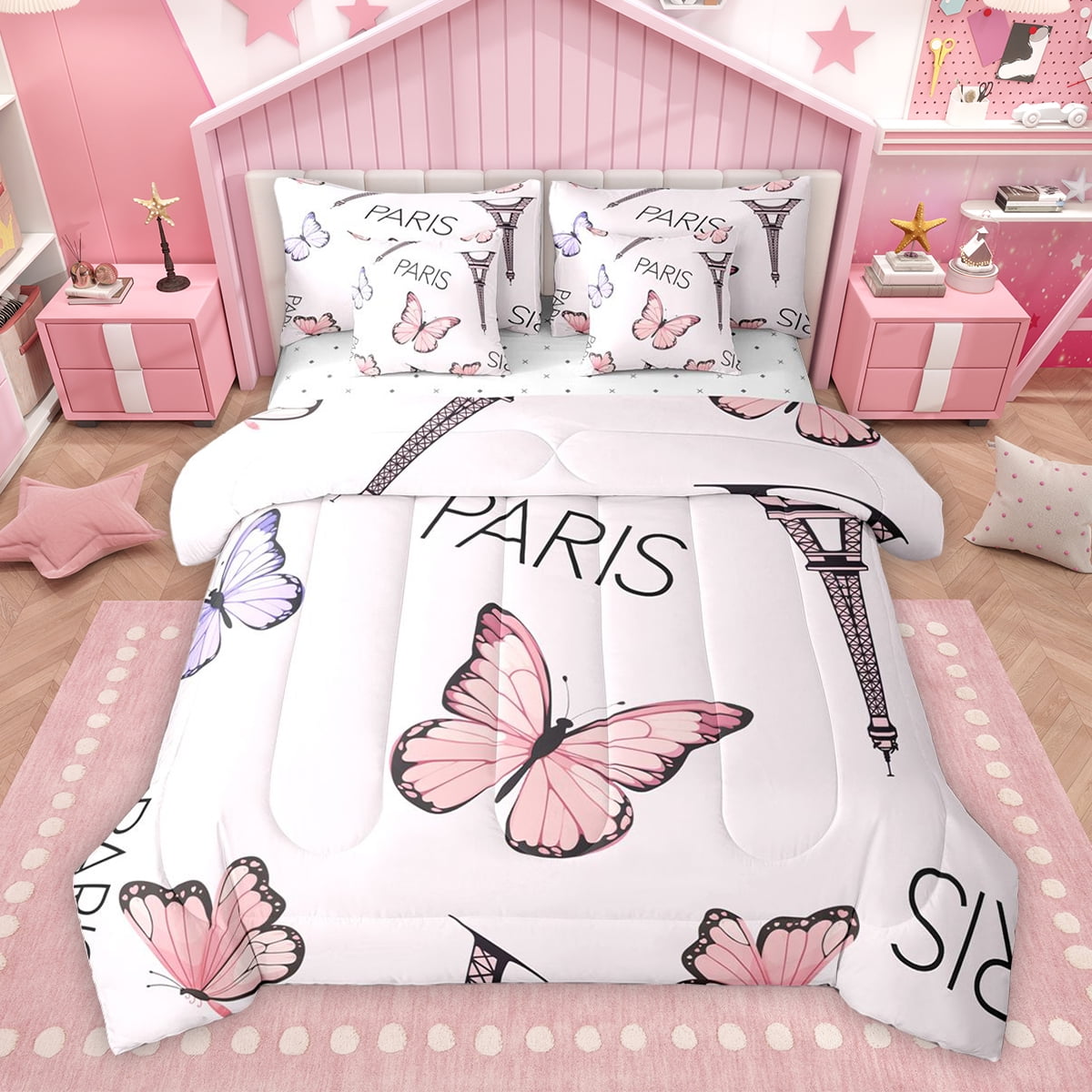 Manfei Girly Pink Butterfly Bedding Comforter Set 7pcs for Girls ...