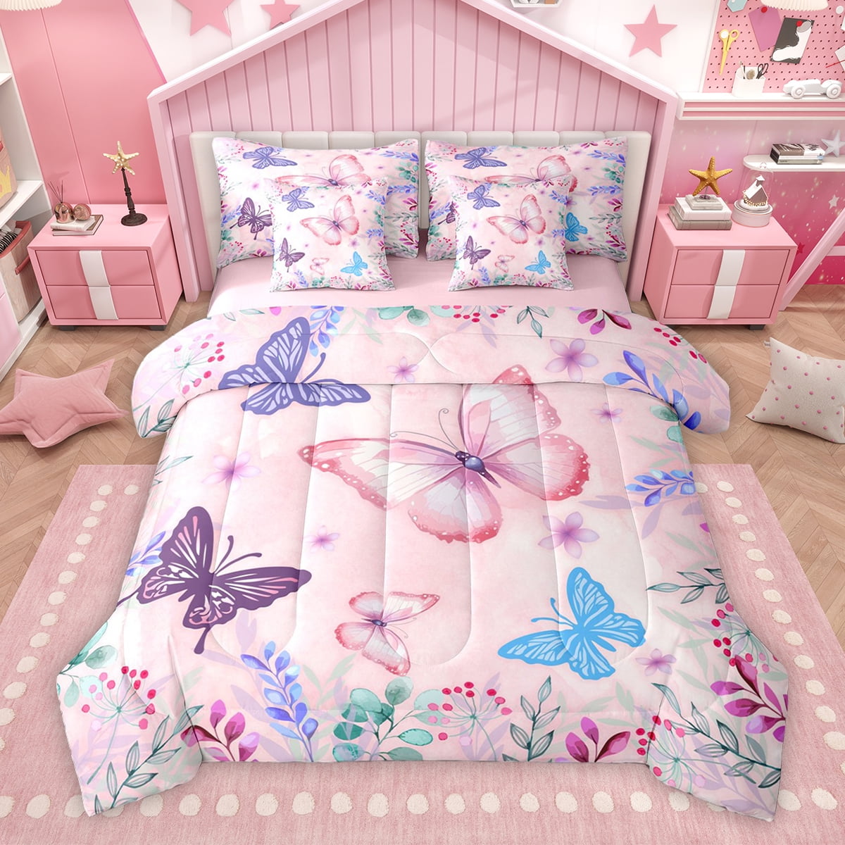 Homewish Girly Pink Butterfly Bedding Comforter Set 7pcs, Spring Garden ...