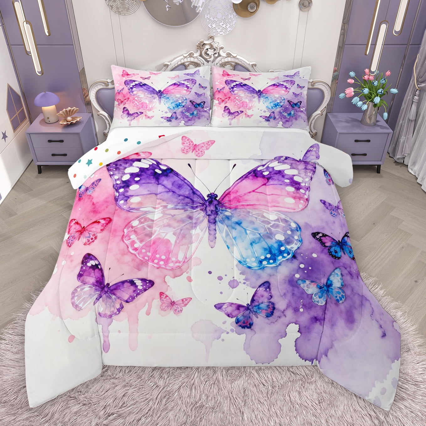 Manfei Girly Pink Butterfly Bedding Comforter Set for Girls, Fairy Tale ...