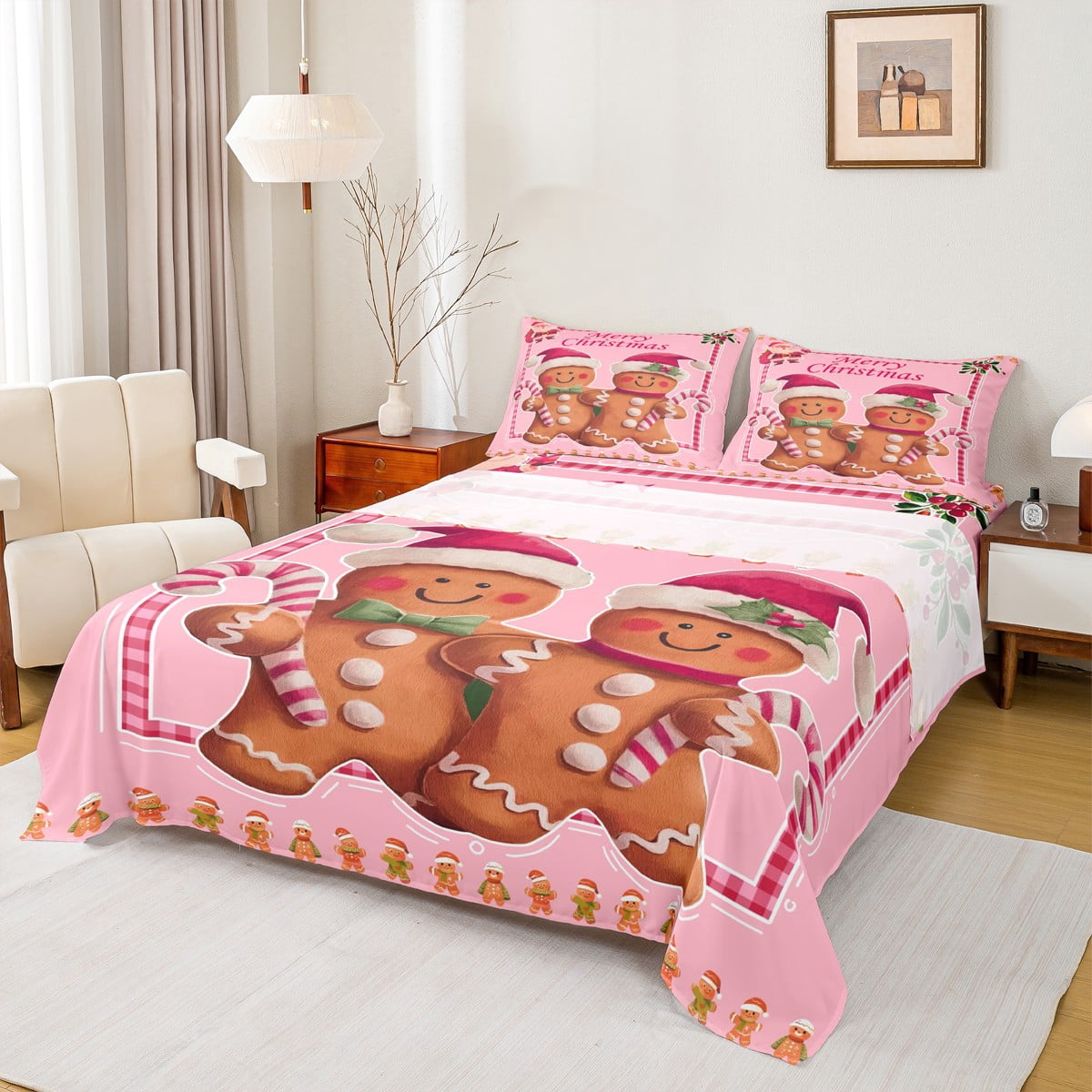 Manfei Girly Pink Cartoon Full Size Sheets, Kawaii Gingerbread Man Bed ...