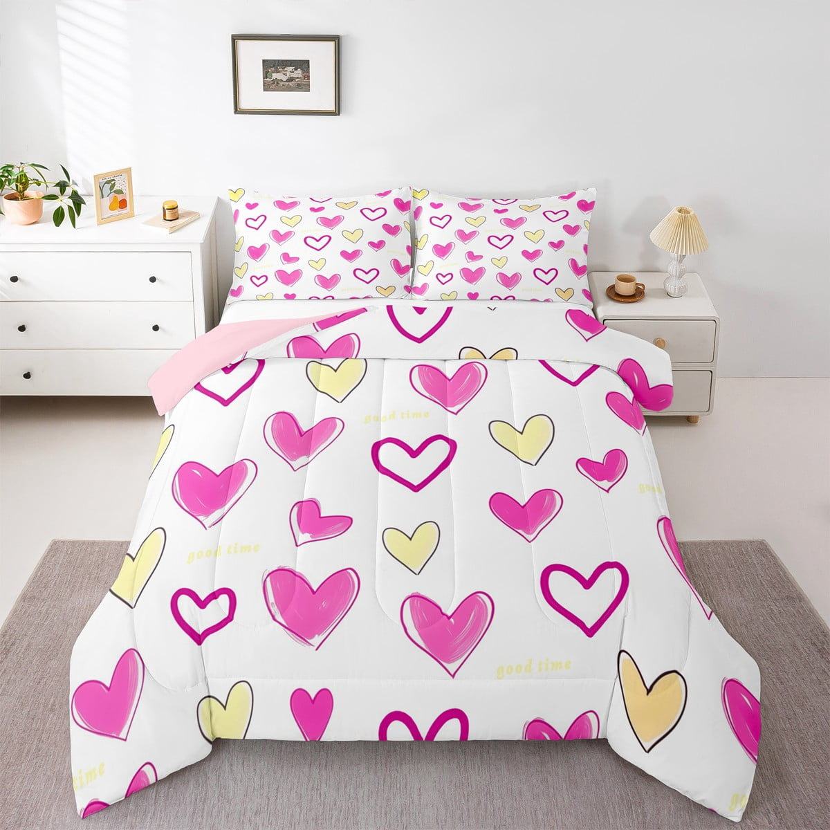 Manfei Girly Pink Cartoon Queen Comforter Set, Kawaii Love Heart ...