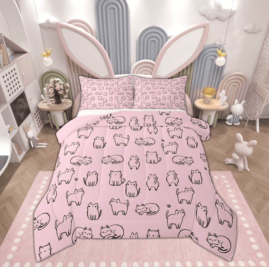 Manfei Girly Pink Cartoon Queen Comforter Set for Teen, Kawaii Kitten ...