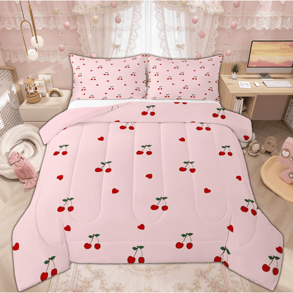 Manfei Girly Pink Cherry Queen Comforter Set for Kids Girls, Kawaii ...
