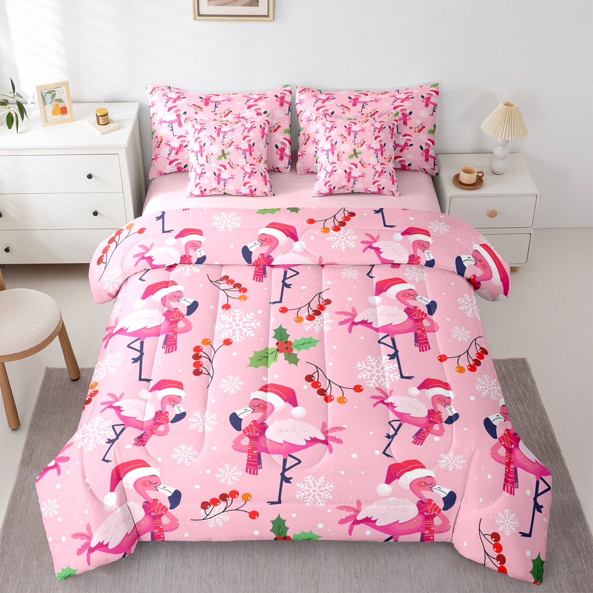 Manfei Girly Pink Flamingo Bedding Comforter Set 7-Piece, Christmas ...