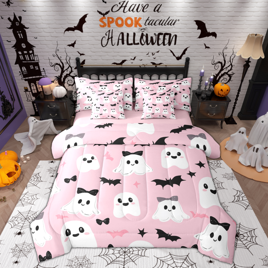 Manfei Girly Pink Ghost Bedding Comforter Set 7pcs for Kids, Halloween ...