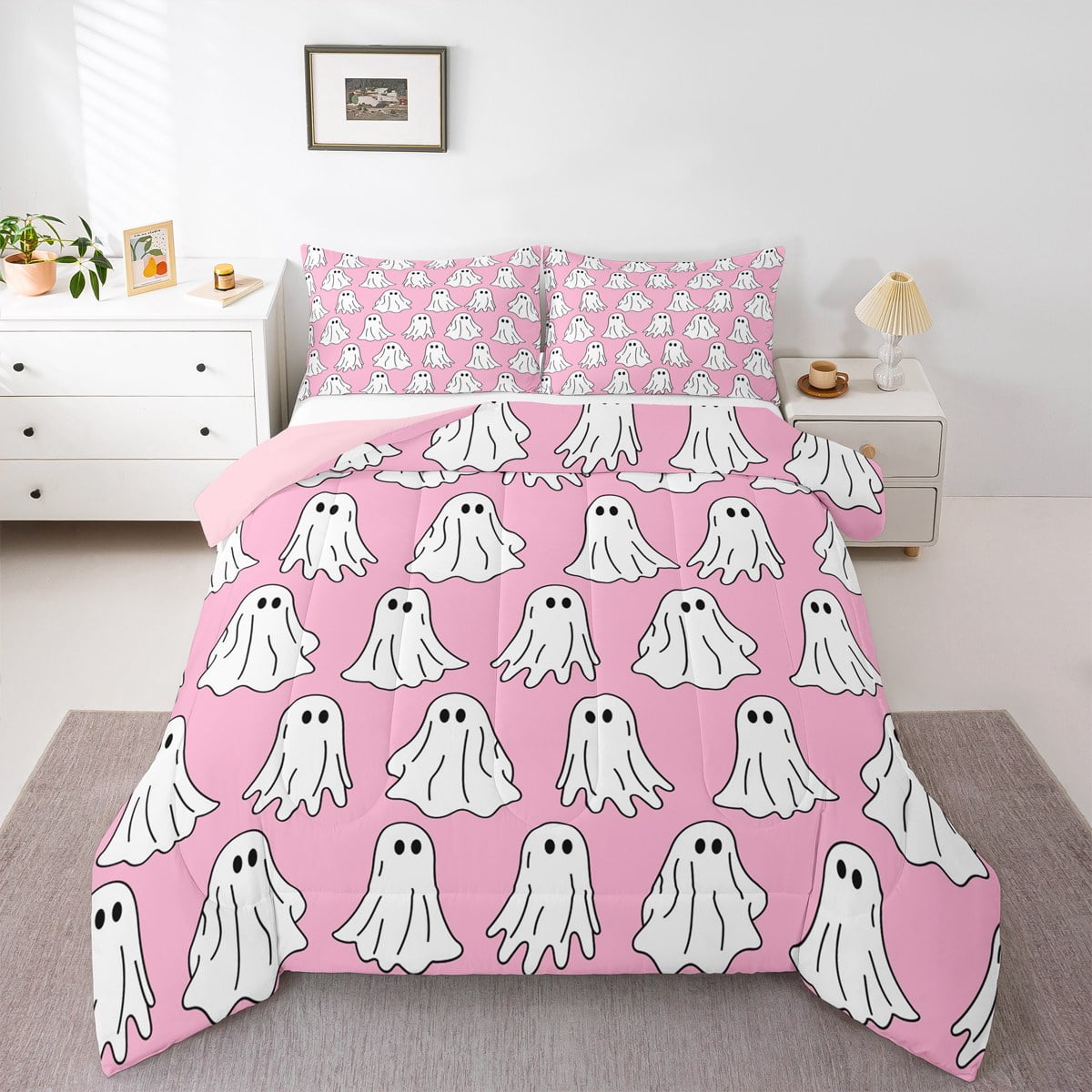 Manfei Girly Pink Ghost Full Size Comforter Sets, Kawaii Boo Skull ...