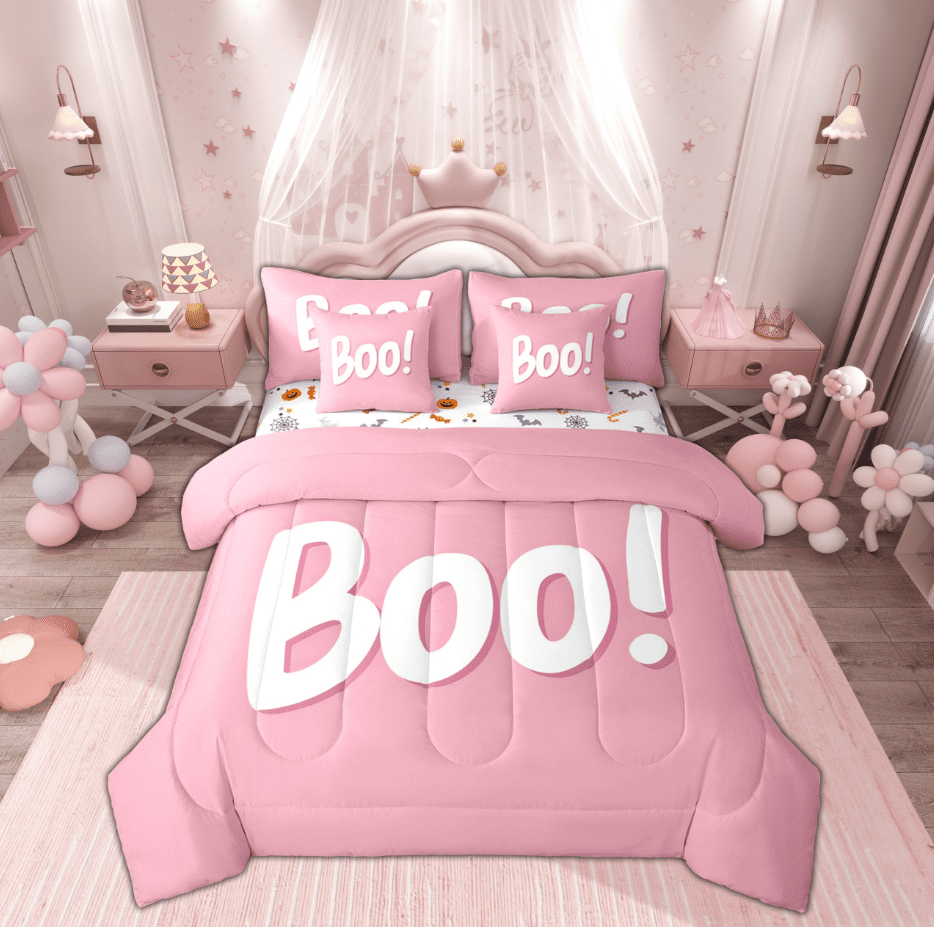 Manfei Girly Pink Halloween Bedding Comforter Set 7pcs for Kid, Kawaii ...