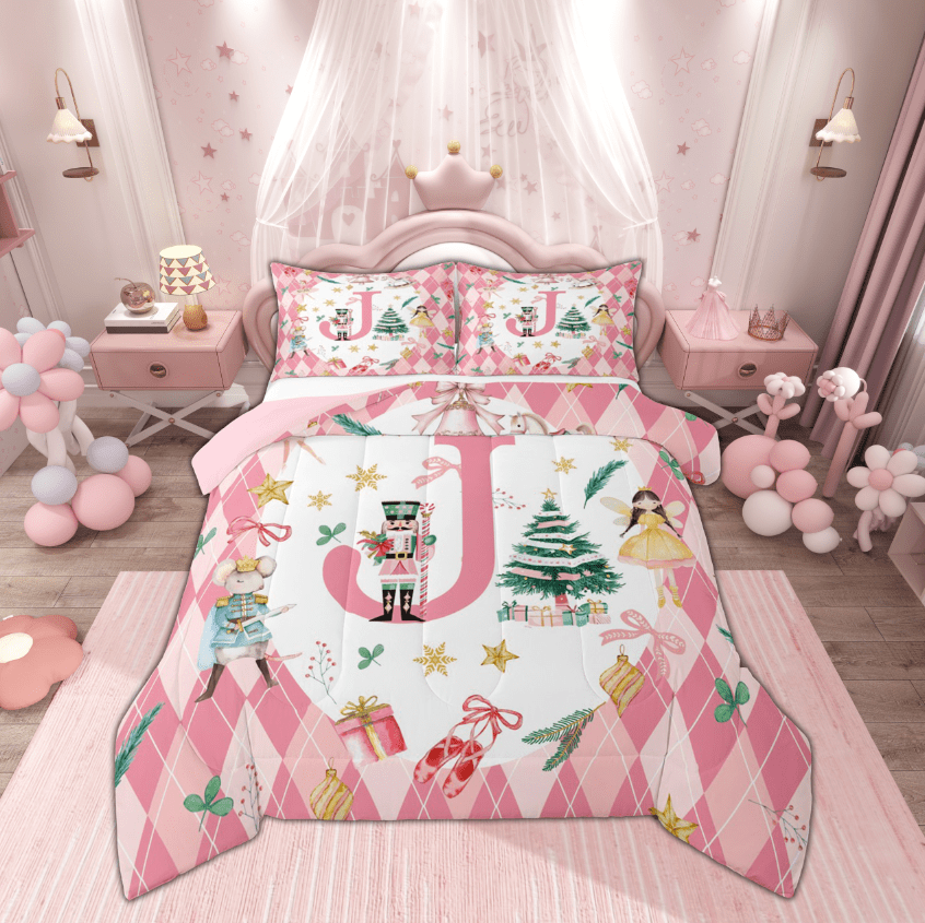 Manfei Girly Pink J Queen Comforter Set for Kids, Kawaii Monogrammed ...