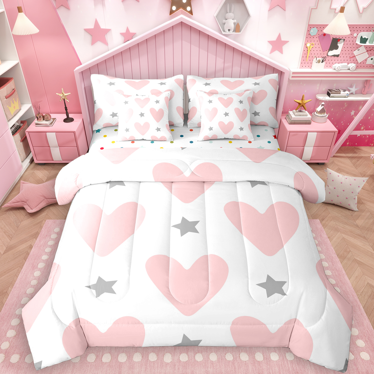 Manfei Girly Pink Love Heart 7pcs Bedding Comforter Set, Cartoon Cute ...