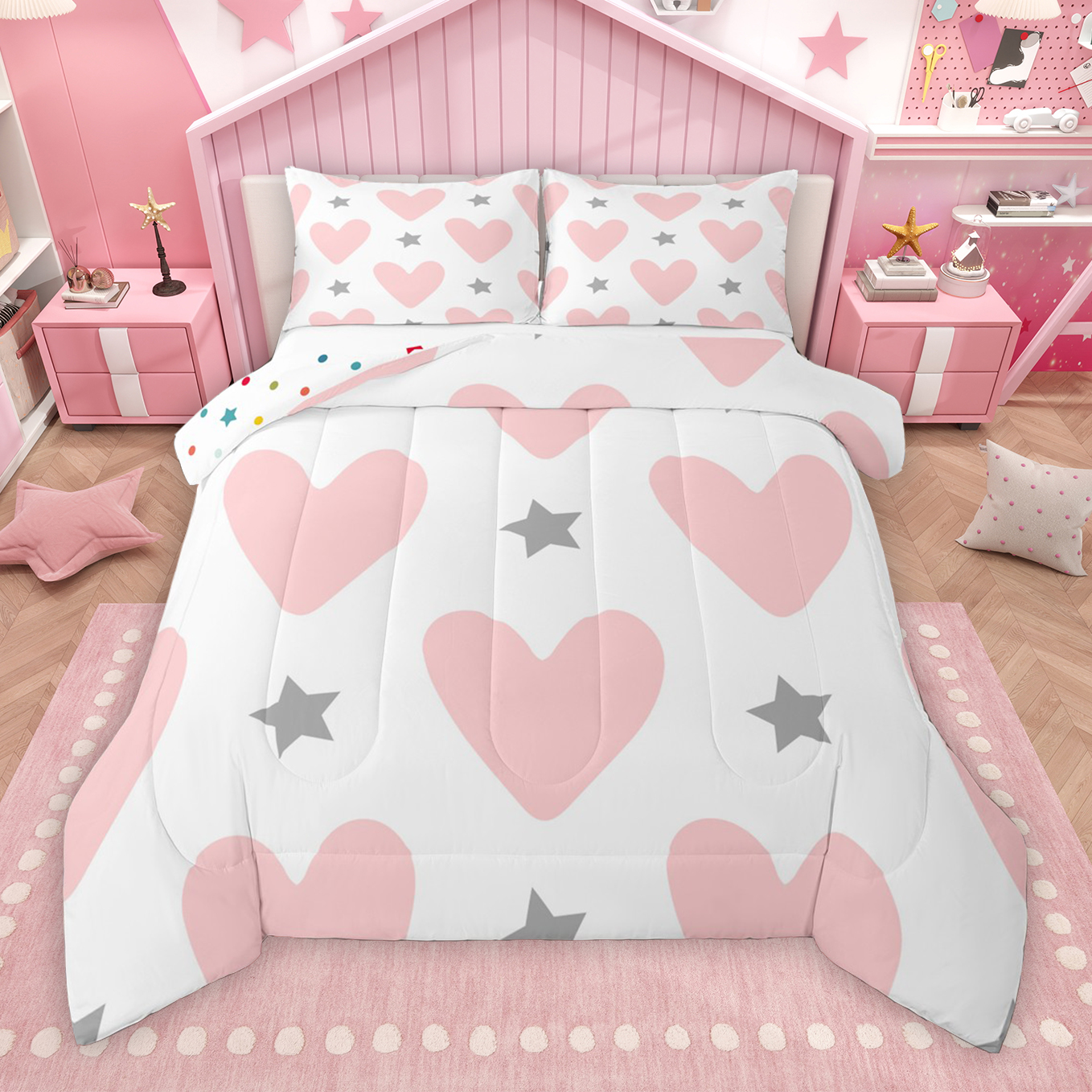 Manfei Girly Pink Love Heart Full Size Comforter Sets, Cartoon Cute ...