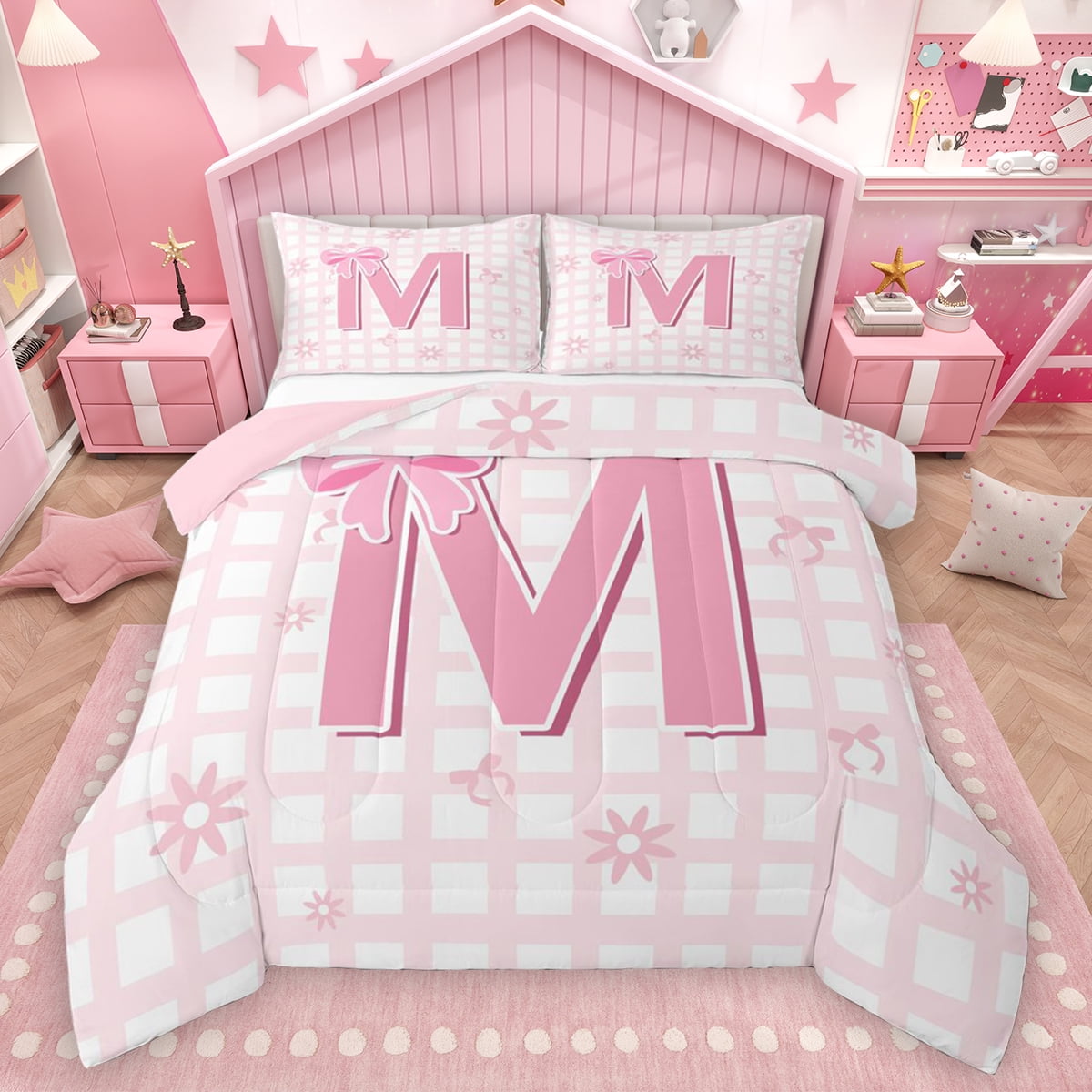 Homewish Girly Pink M Queen Comforter Set for Kids, Kawaii Initial ...