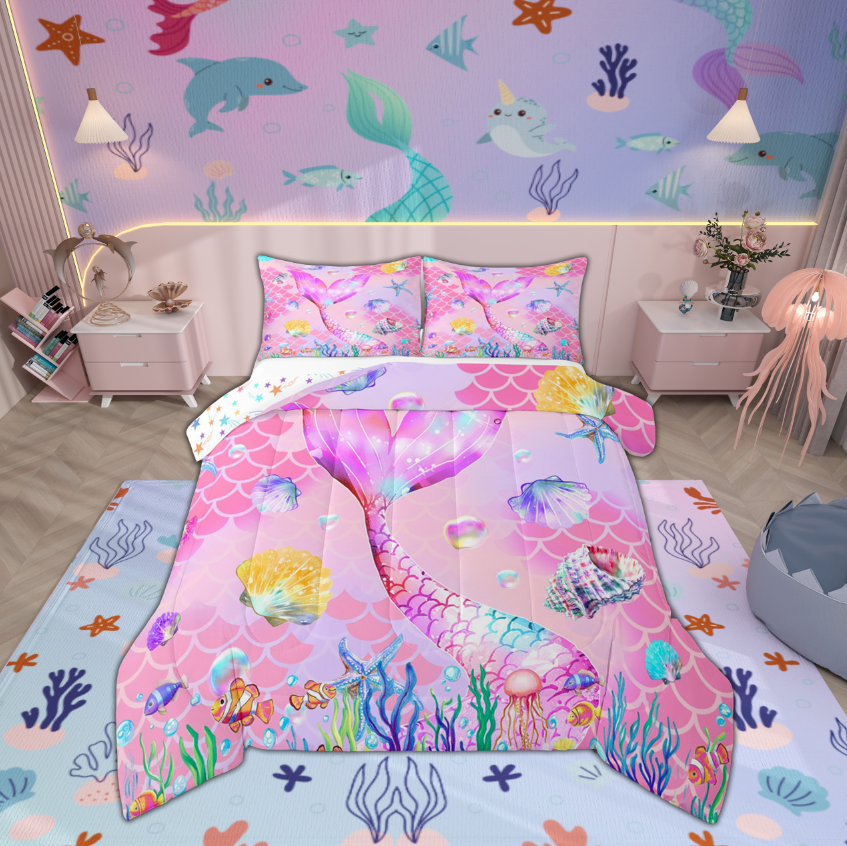 Manfei Girly Pink Princess Comforter Sets Full Size, Cute Mermaid ...