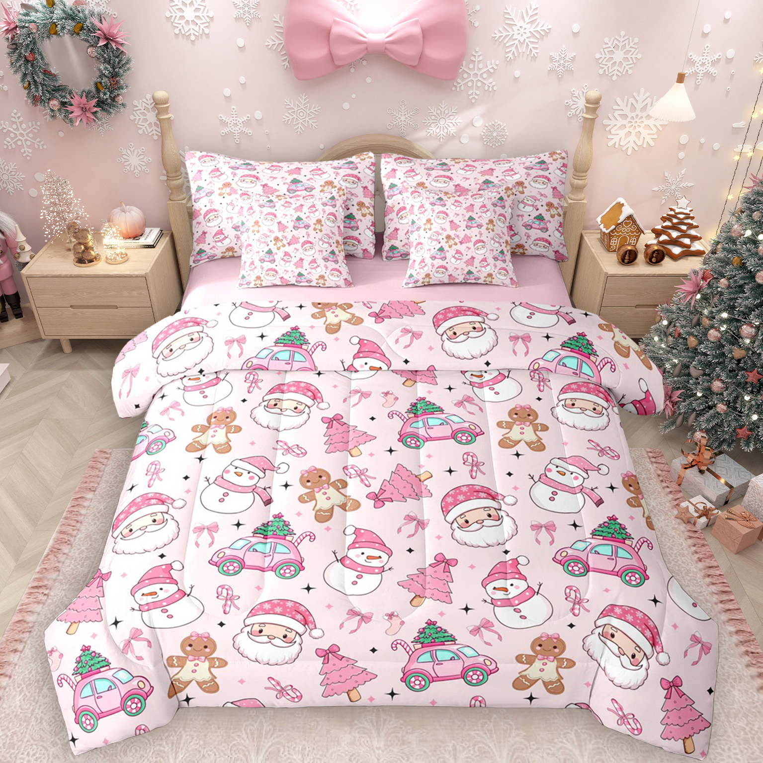 Manfei Girly Pink Santa Claus 7-Piece Bedding Comforter Set for Kids ...
