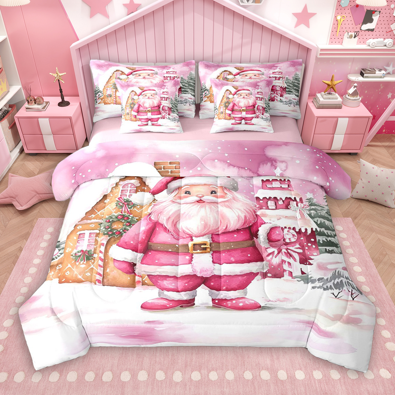 Manfei Girly Pink Santa Claus 7-Piece Twin Bedding Sets, Watercolor ...