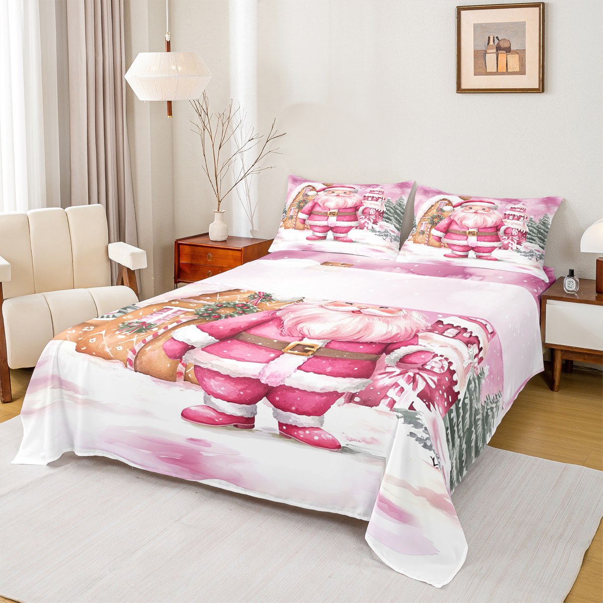 Manfei Girly Pink Santa Claus Bed Sheets, Watercolor Cartoon King ...