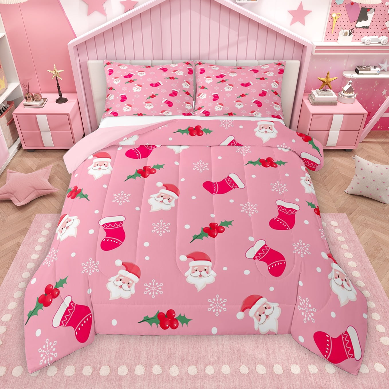 Manfei Girly Pink Santa Claus Queen Comforter Set, Christmas Socks ...